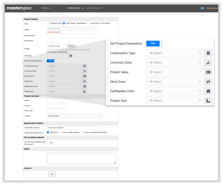 New Project Parameters When Creating New Specifications - Masterspec